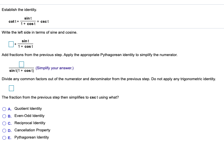 Solved Establish the identity. cott + sint 1 + cost csct | Chegg.com