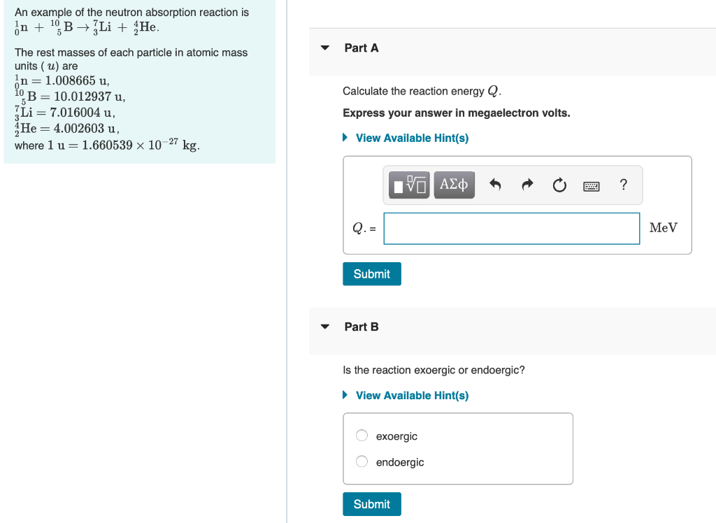Solved Part A An example of the neutron absorption reaction | Chegg.com