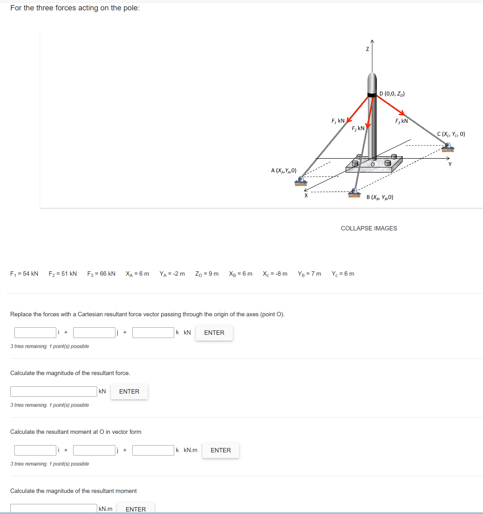 Solved For the three forces acting on ﻿the pole:COLLAPSE | Chegg.com
