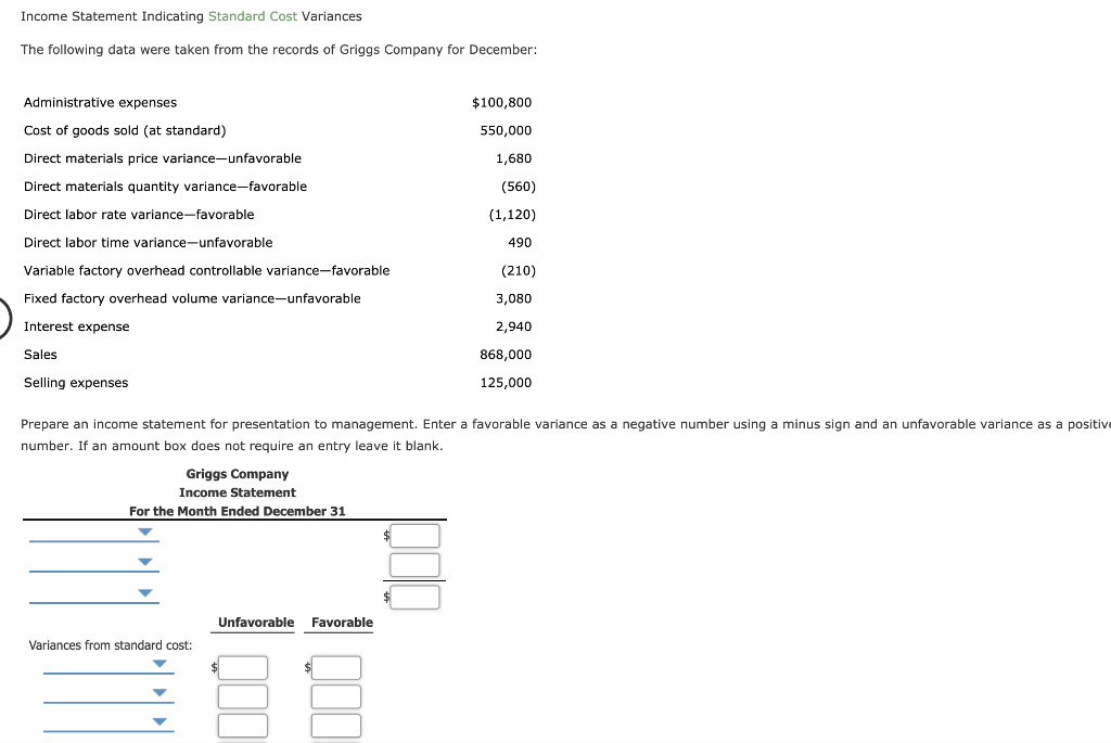 Solved Income Statement Indicating Standard Cost Variances | Chegg.com