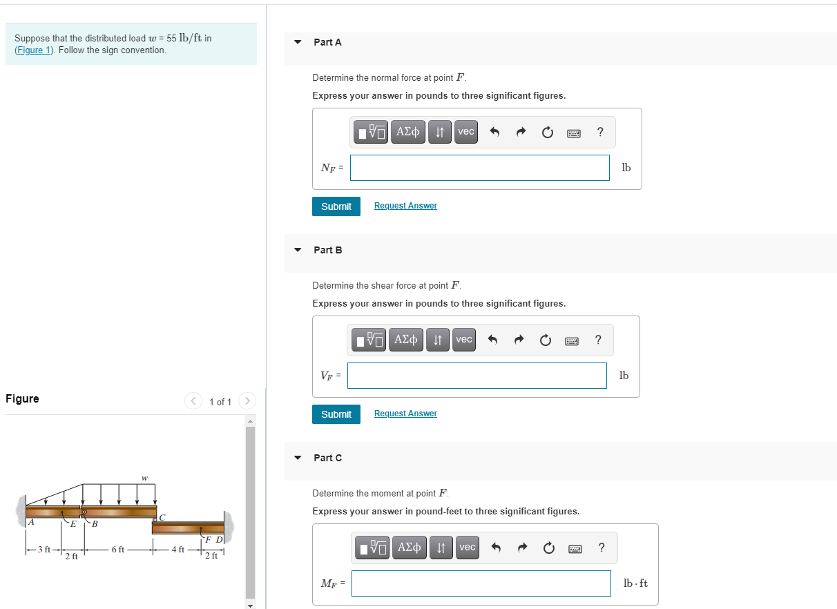 Solved Suppose that the distributed load w = 55 lb/ft in | Chegg.com