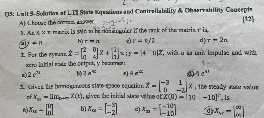 Solved un Q5: Unit 5-Solution of LTI State Equations and | Chegg.com