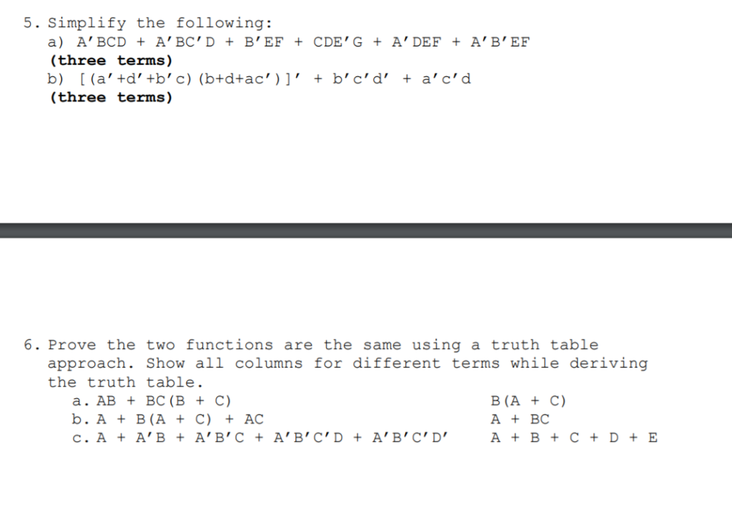Solved 5. Simplify the following: a) A' BCD A'BC'D B'EF+ | Chegg.com