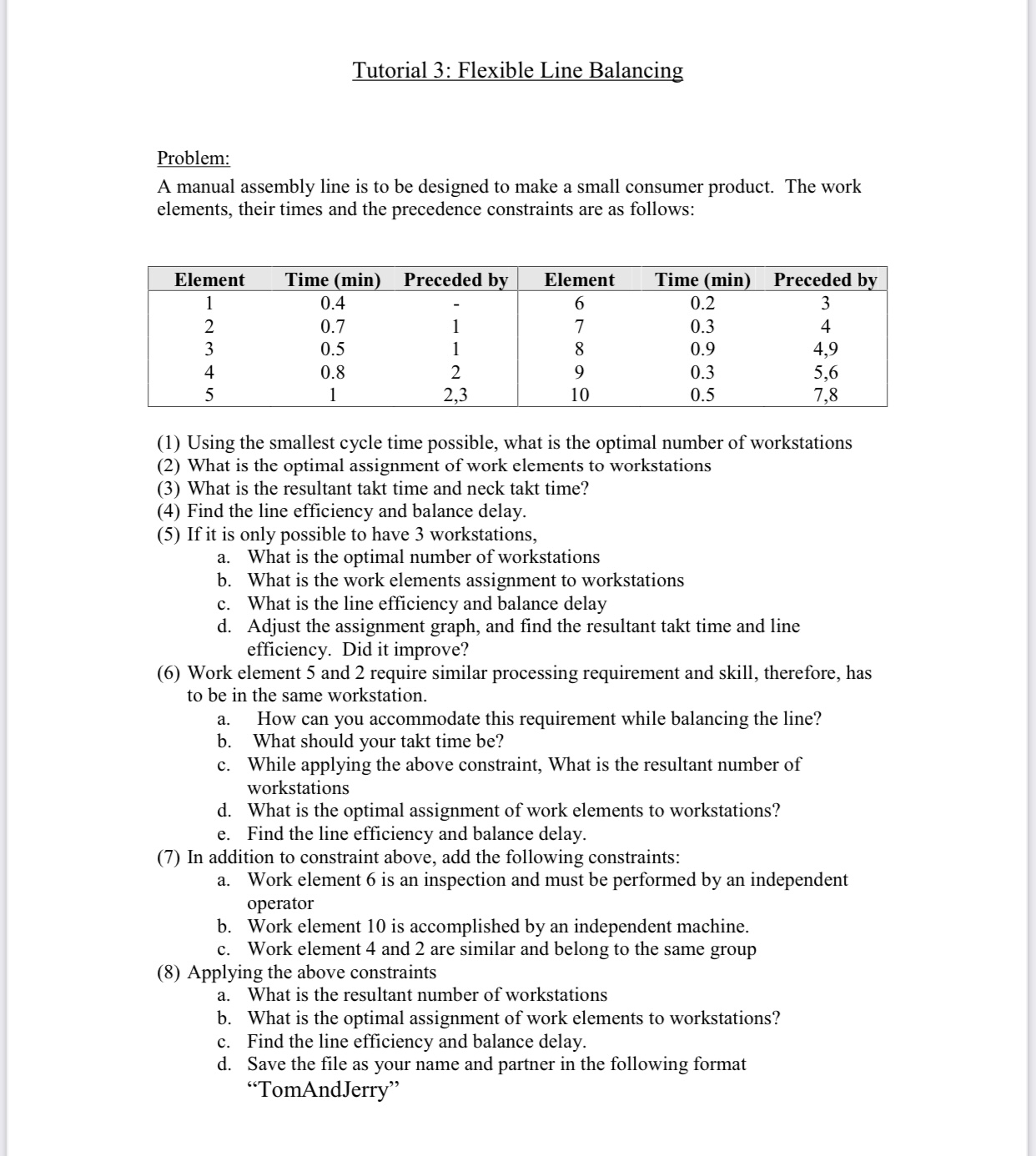 Solved Tutorial 3: Flexible Line Balancing Problem: A manual | Chegg.com