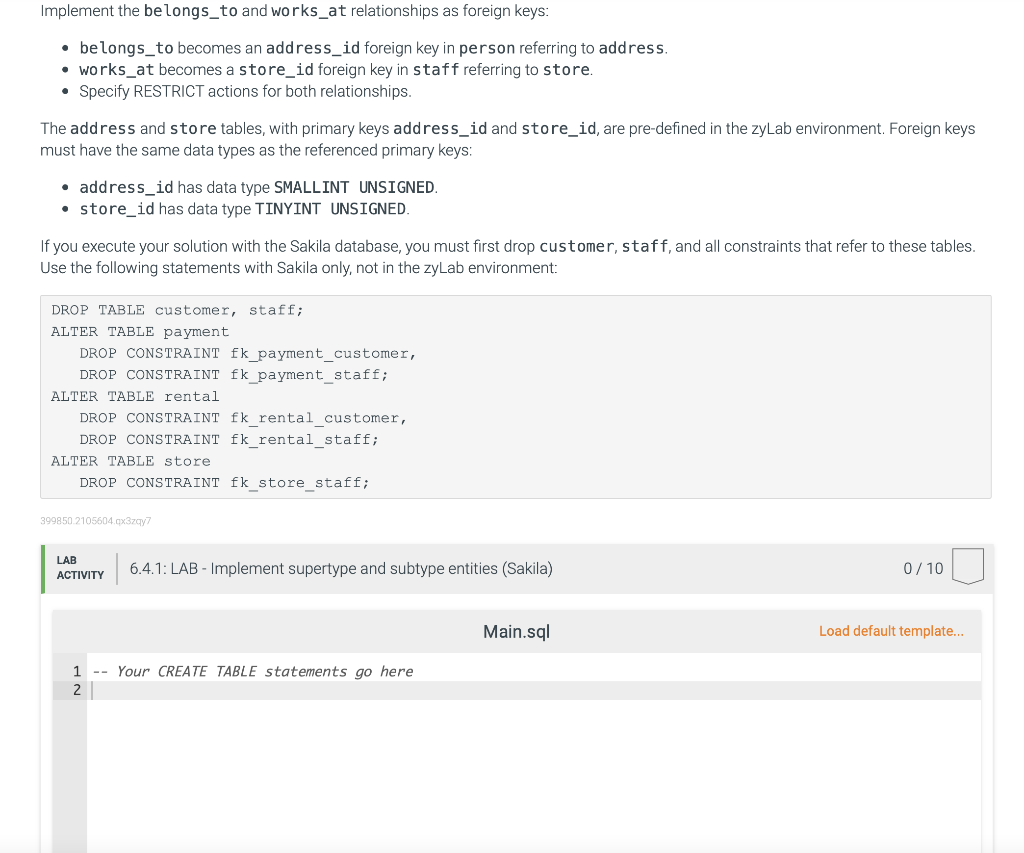 Solved 6.4 LAB - Implement supertype and subtype entities | Chegg.com