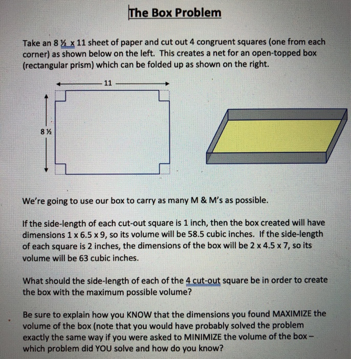 Solved The Box Problem Take an 8% x 11 sheet of paper and | Chegg.com