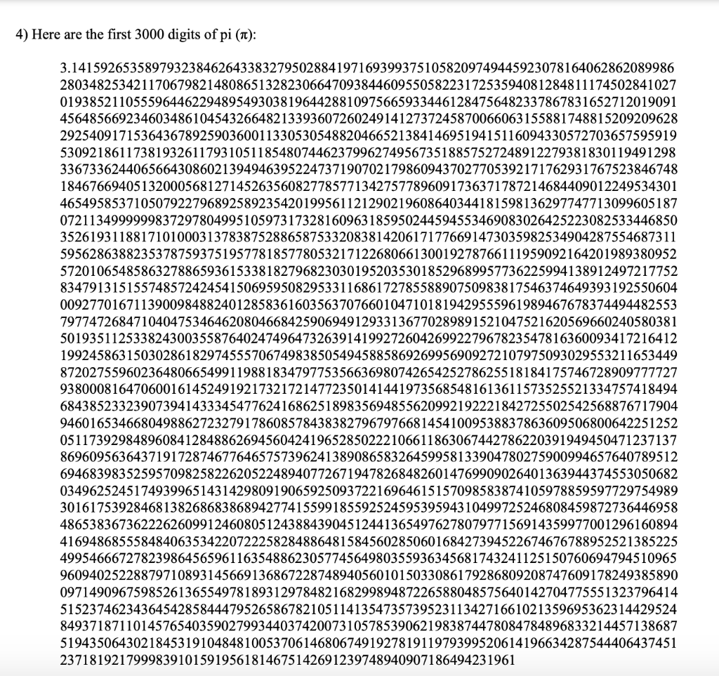 Solved 4) Here are the first 3000 digits of pi (T): | Chegg.com
