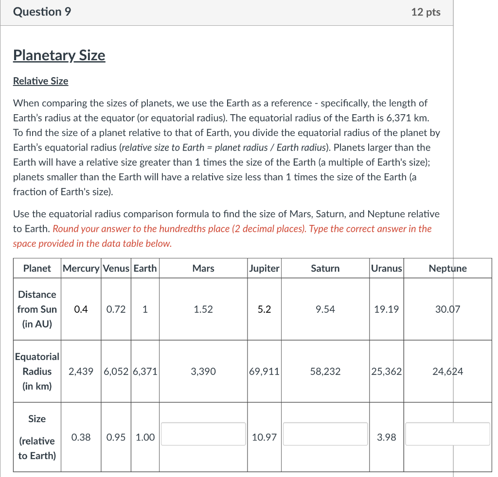 Solved Planetary Size Relative Size When comparing the sizes | Chegg.com