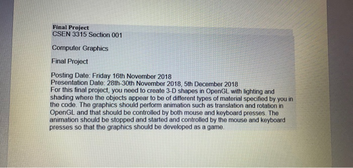 Solved Final Project CSEN 3315 Section 001 Computer Graphics | Chegg.com
