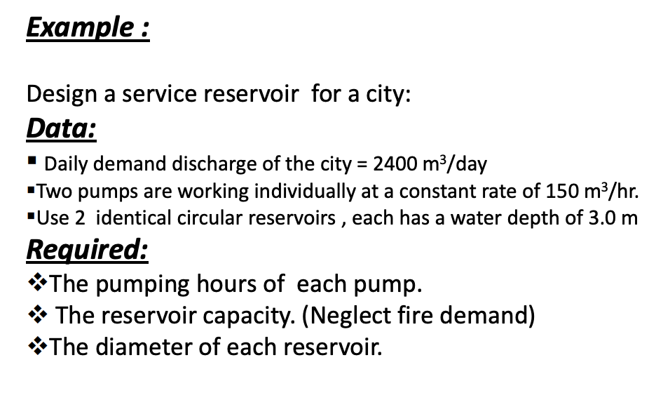 Solved Example: Design a service reservoir for a city: Data: | Chegg.com