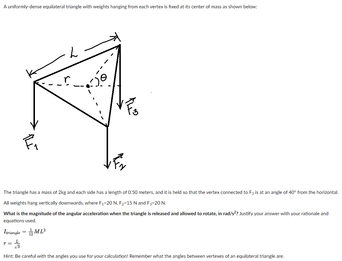Solved A uniformly-dense equilateral triangle with weights | Chegg.com