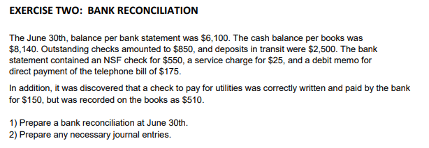 Solved EXERCISE TWO: BANK RECONCILIATION The June 30th, | Chegg.com