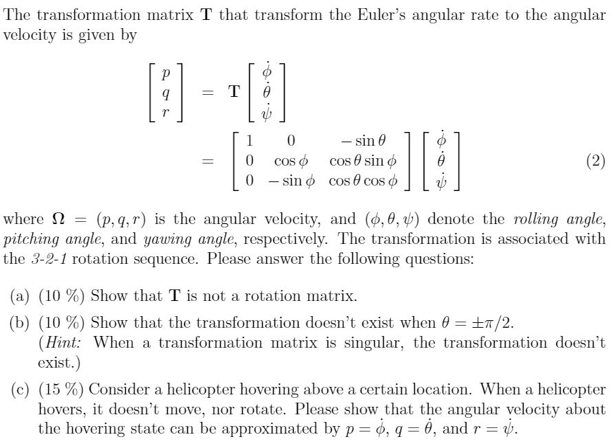 Solved The transformation matrix T that transform the | Chegg.com
