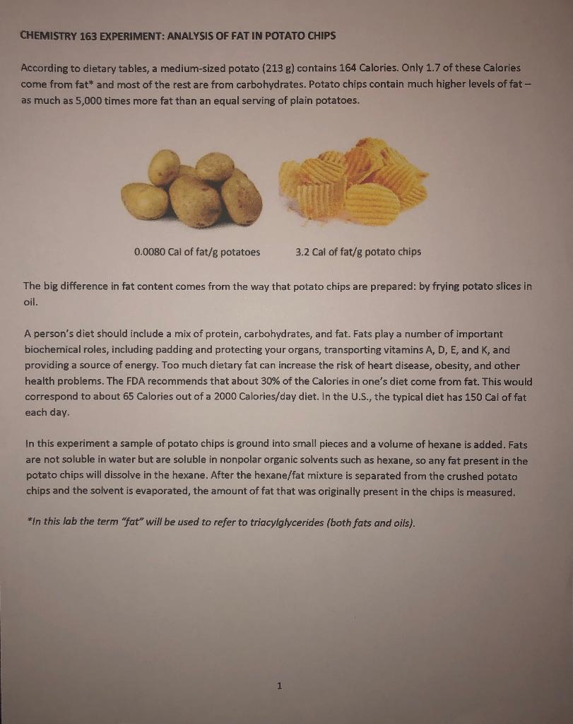 Solved CHEMISTRY 163 EXPERIMENT: ANALYSIS OF FAT IN POTATO | Chegg.com
