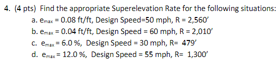 Solved 4. (4 pts) Find the appropriate Superelevation Rate | Chegg.com