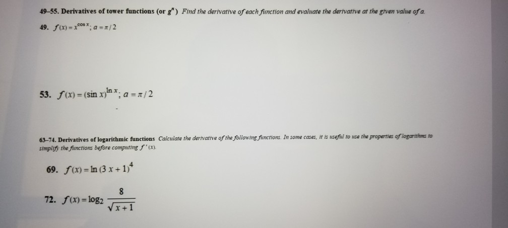 Solved 49-55. Derivatives of tower functions (or g") Find | Chegg.com