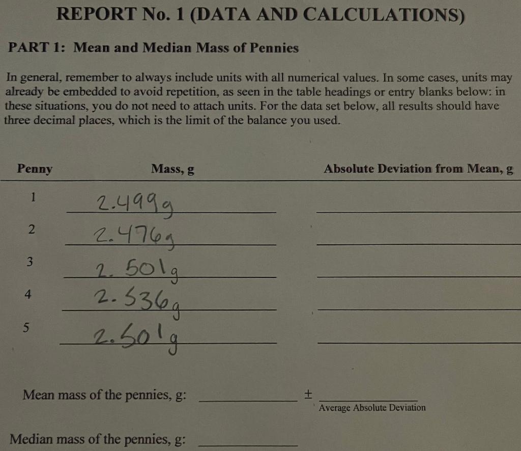 Solved PART 1: MEAN AND MEDIAN MASS OF PENNIES Pennies | Chegg.com