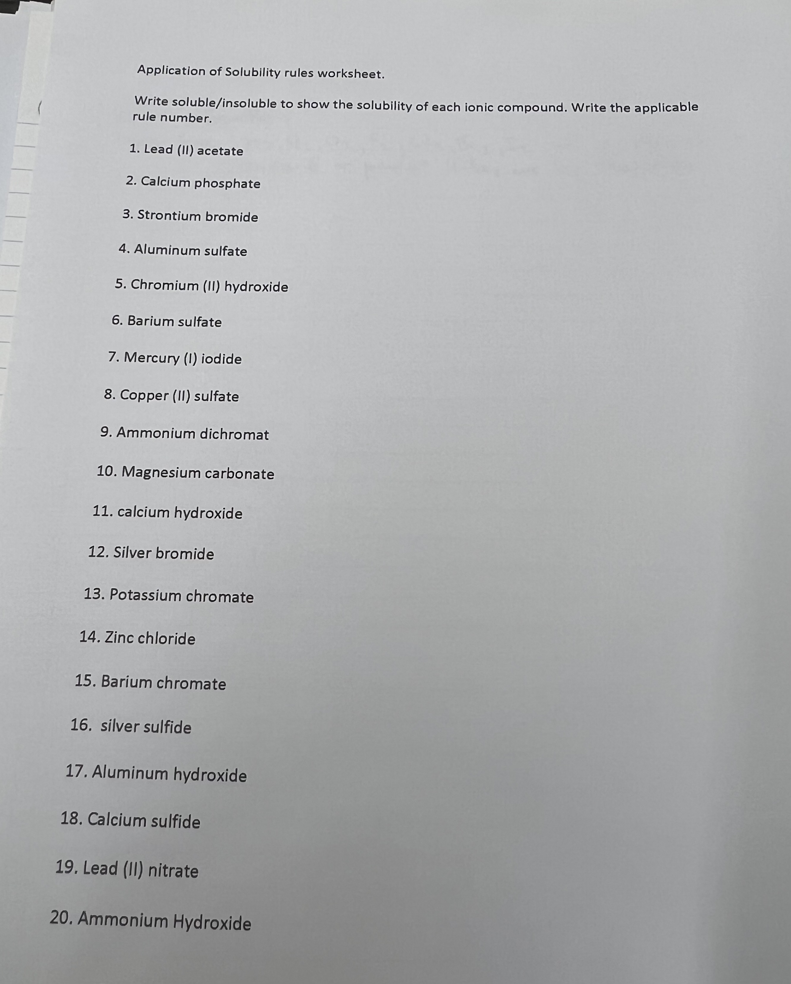 Solved Application of Solubility rules worksheet. Write | Chegg.com