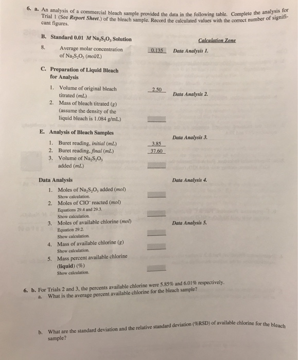 Solved 6. a. An analysis of a commercial bleach sample | Chegg.com