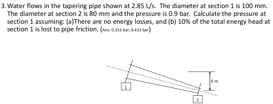 Solved 3. Water flows in the tapering pipe shown at \\( 2.85 | Chegg.com