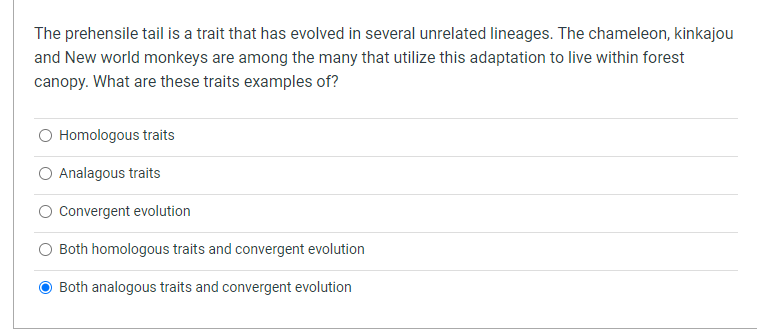 Solved The prehensile tail is a trait that has evolved in | Chegg.com
