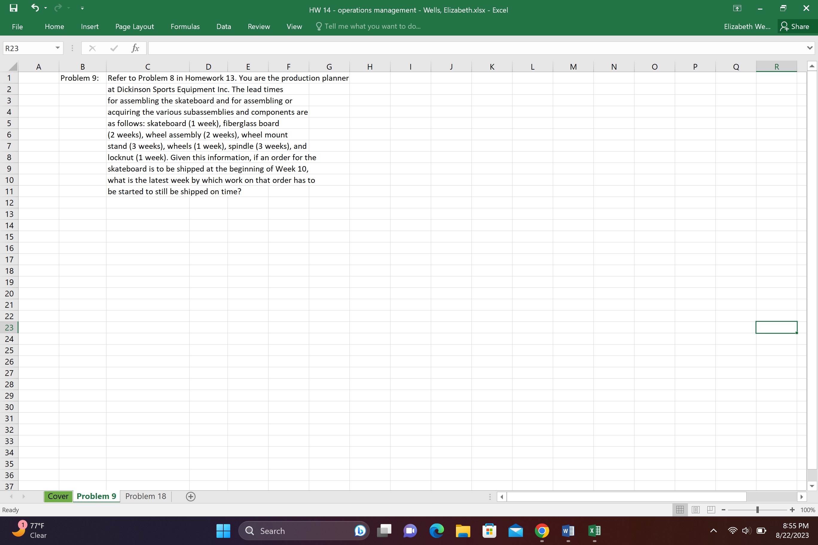 Solved HW 14 - operations management - Wells, Elizabeth.xlsx | Chegg.com