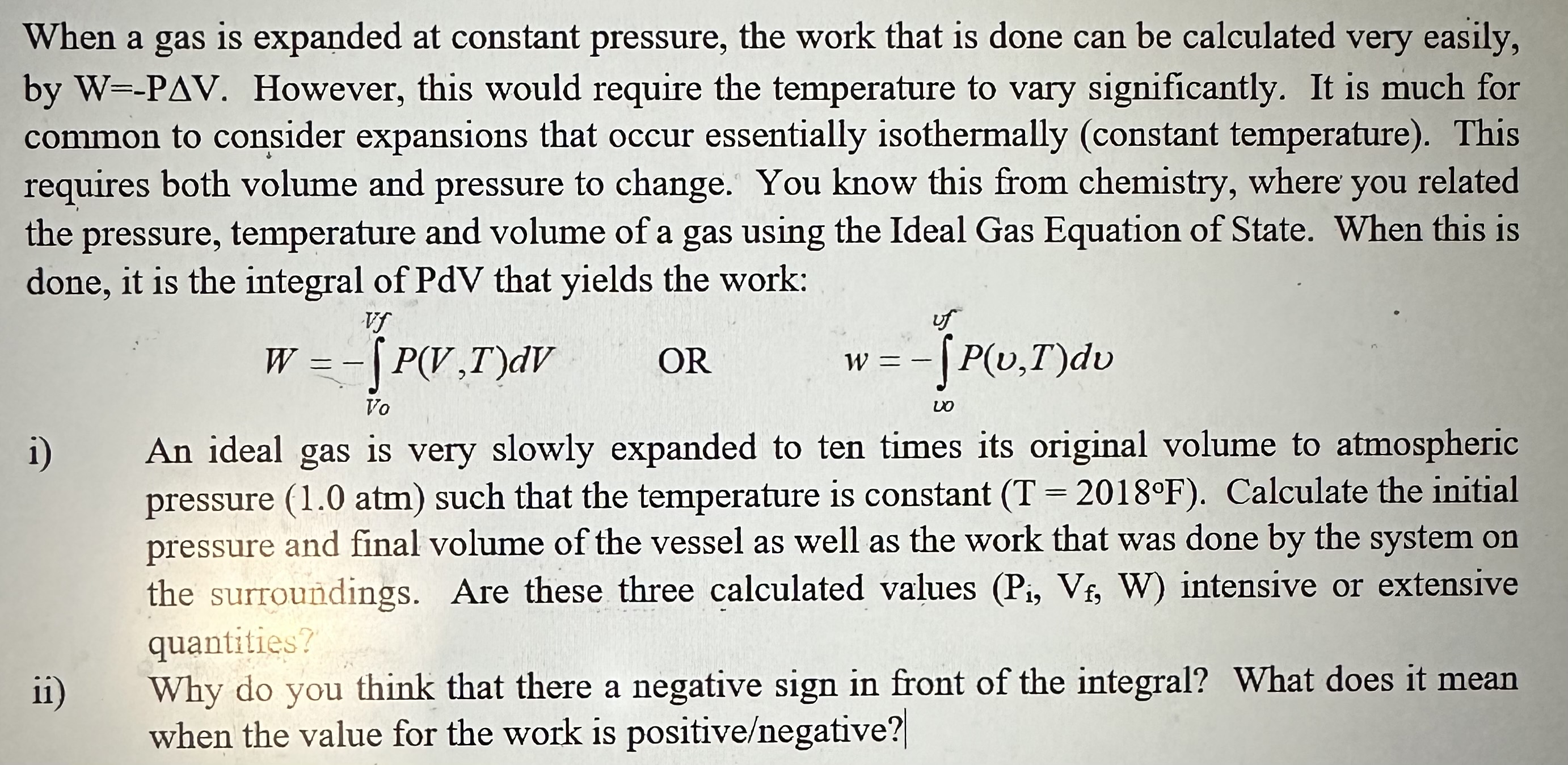 Solved When a gas is expanded at constant pressure, the work | Chegg.com