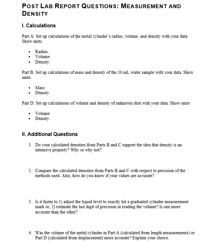 Post Lab Report Questions: Measurement and DENSITY I. | Chegg.com