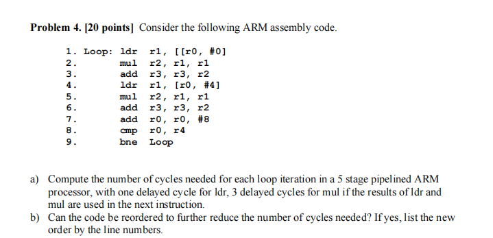 Solved Problem 4. [20 points] Consider the following ARM | Chegg.com