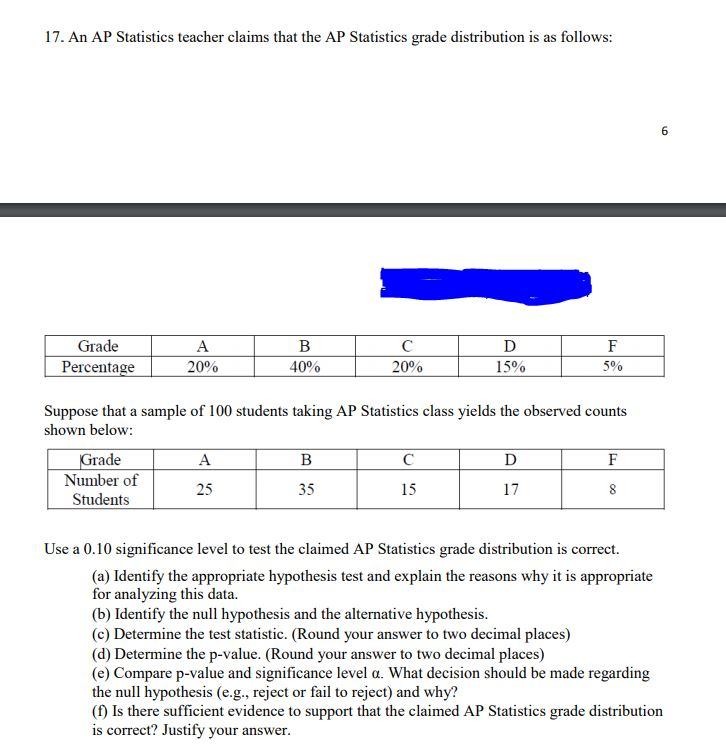 Solved 17. An AP Statistics teacher claims that the AP | Chegg.com