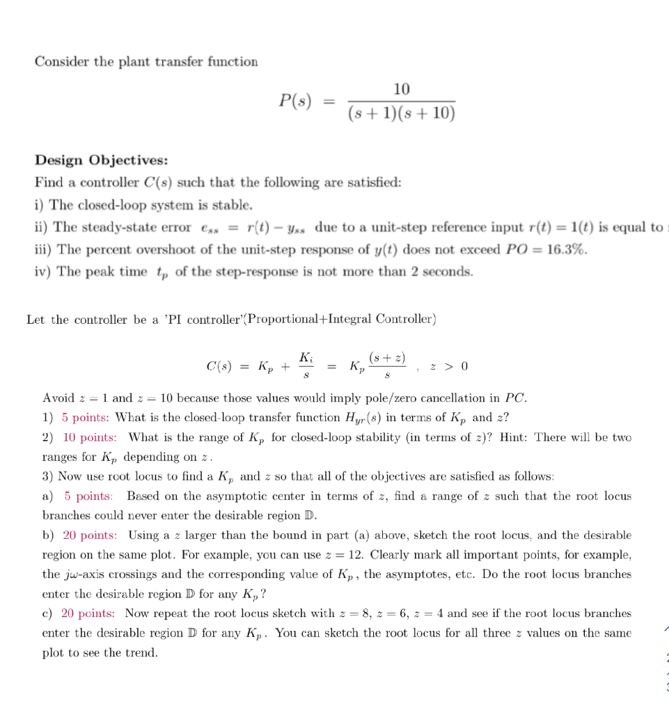 Solved Consider the plant transfer function | Chegg.com