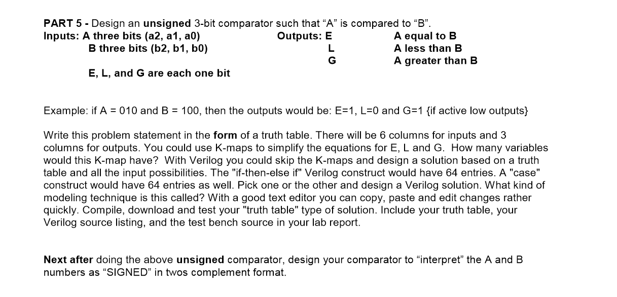 Solved PART 5 - Design an unsigned 3-bit comparator such | Chegg.com
