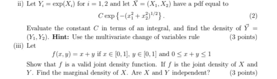 Solved iiYi=exp(xi) ﻿for i=1,2 ﻿and let x‾=(x1,x2) ﻿have a | Chegg.com