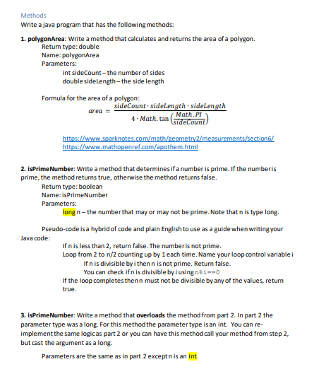 Solved Methods Write a java program that has the following | Chegg.com