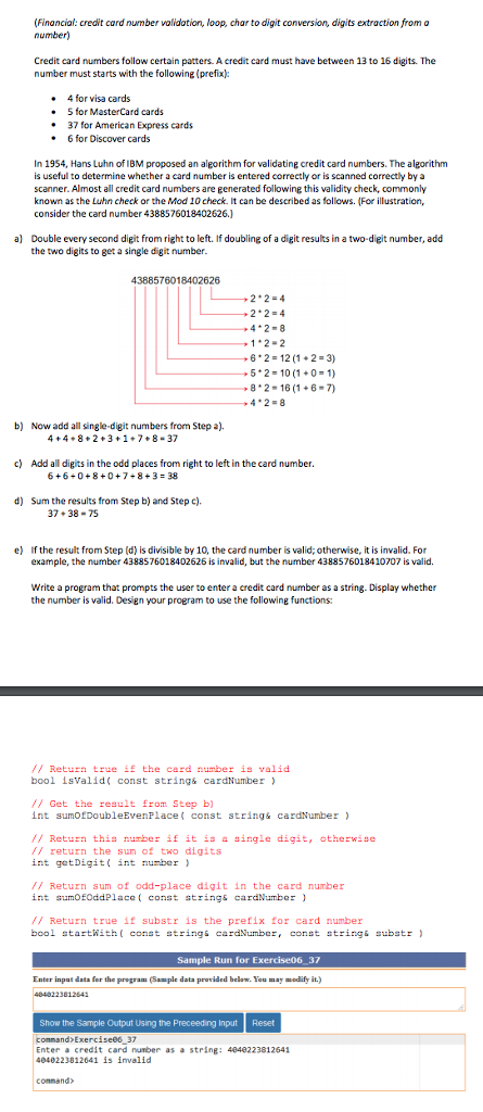 Solved (Financial: credit card number validation, loop, char | Chegg.com