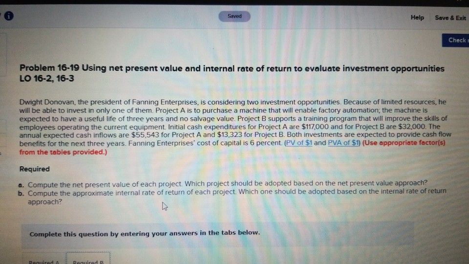 Solved Saved Help Save & Exit Check Problem 16-19 Using net | Chegg.com