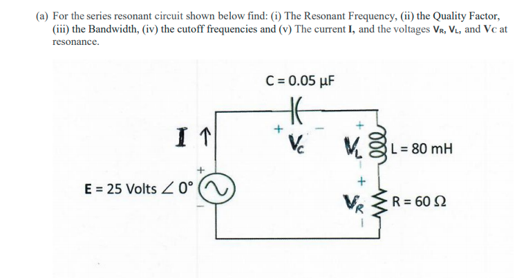 Solved (a) For the series resonant circuit shown below find: | Chegg.com