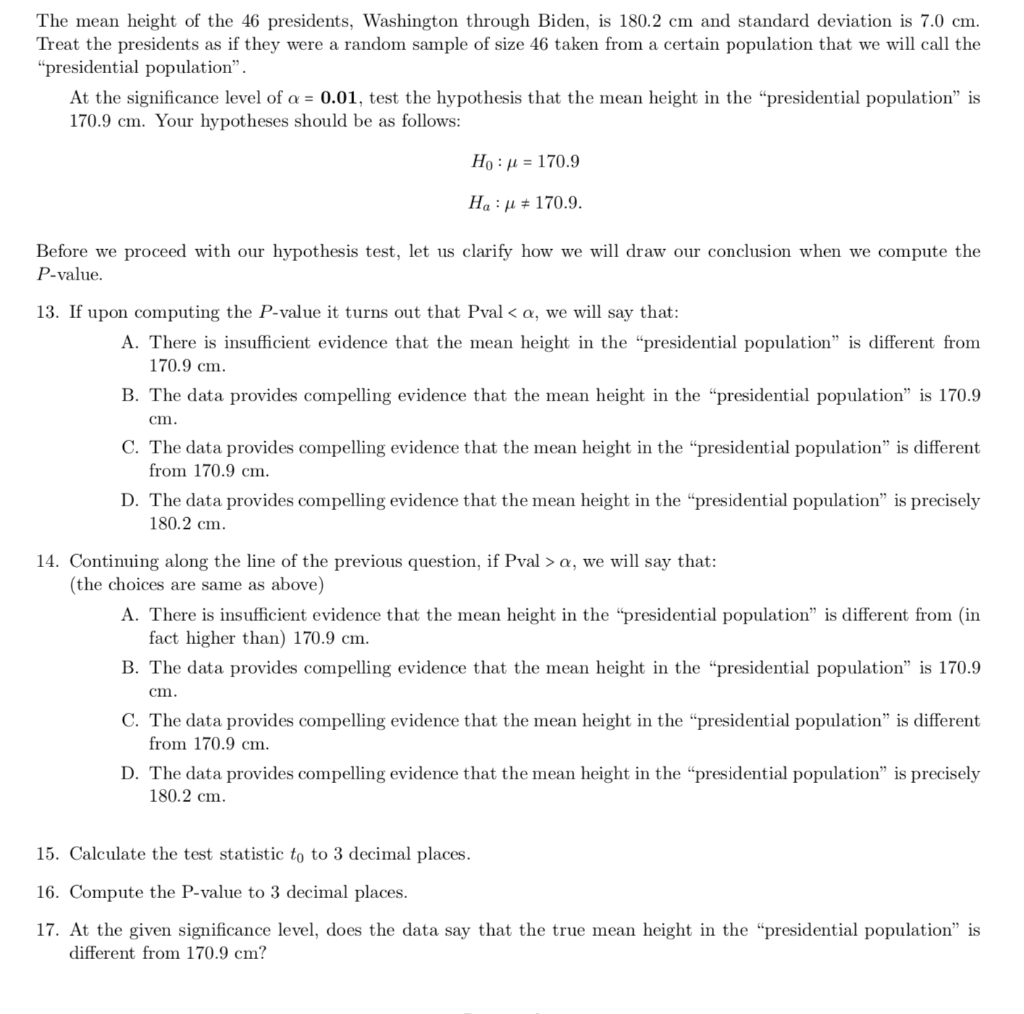 Solved The mean height of the 46 presidents, Washington | Chegg.com