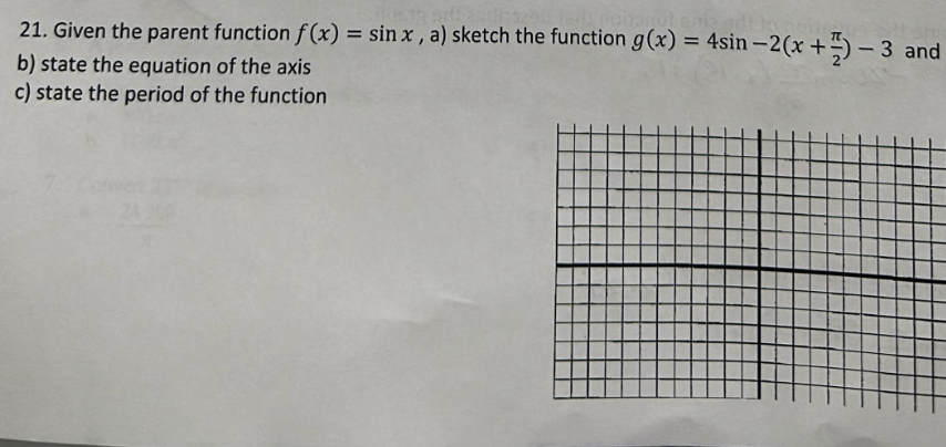 Solved 21. Given the parent function f(x)=sinx, a) sketch | Chegg.com
