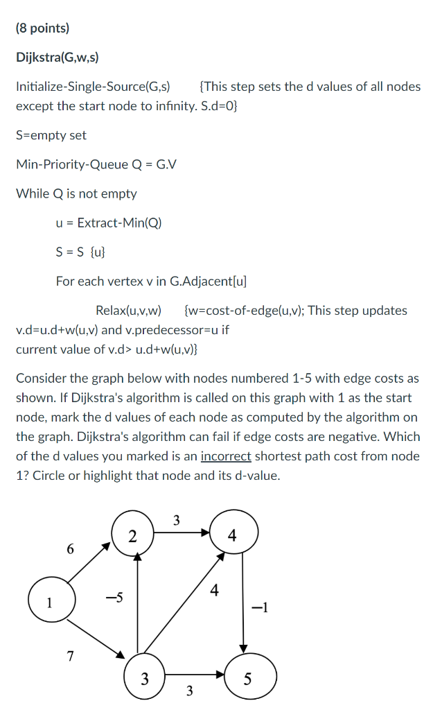 Solved (8 points) Dijkstra(G,w,s) | Chegg.com