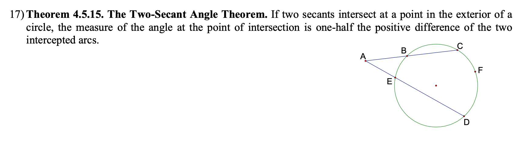 Solved 17) Theorem 4.5.15. The Two-Secant Angle Theorem. If | Chegg.com