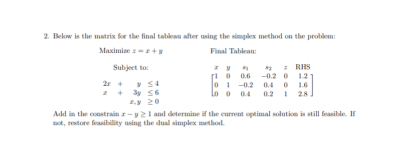 Solved 2. Below is the matrix for the final tableau after | Chegg.com