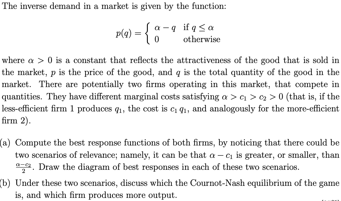 Solved The inverse demand in a market is given by the | Chegg.com