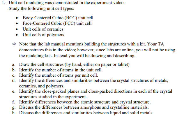 Solved 1. Unit cell modeling was demonstrated in the | Chegg.com