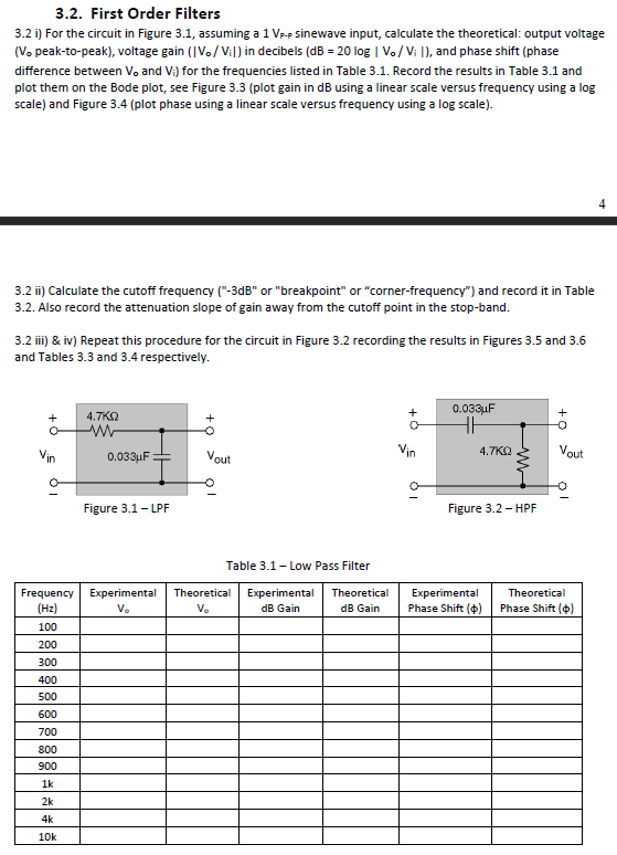 3.2. First Order Filters 3.2 i) For the circuit in | Chegg.com