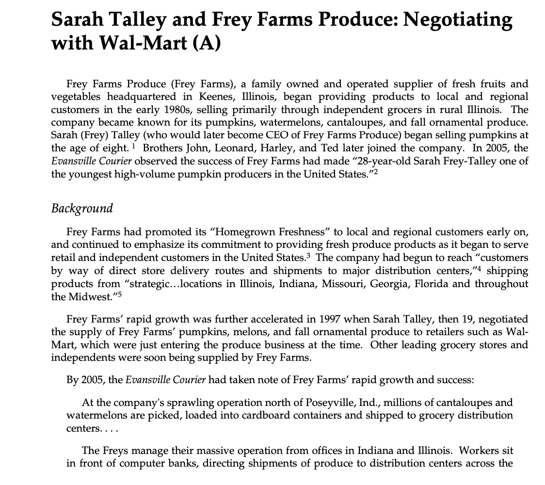 Solved Sarah Talley and Frey Farms Produce: Negotiating with | Chegg.com