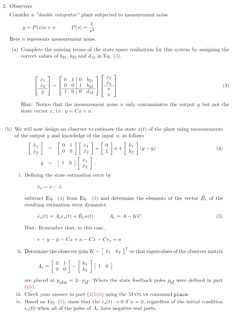 2. Observers Consider a "double integrator" plant | Chegg.com