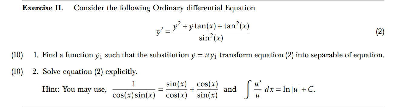 Solved Exercise II. ﻿Consider the following Ordinary | Chegg.com