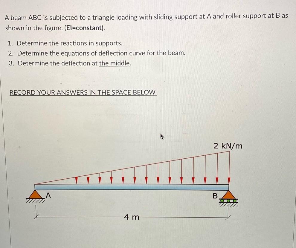 Solved A beam ABC is subjected to a triangle loading with | Chegg.com