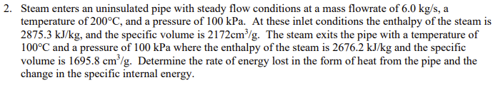 Solved Steam enters an uninsulated pipe with steady flow | Chegg.com